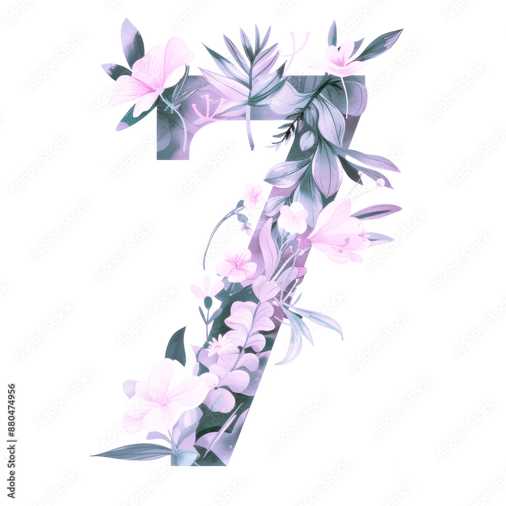 Watercolor Number Seven with Nature Background. Blue and Pink Floral ...