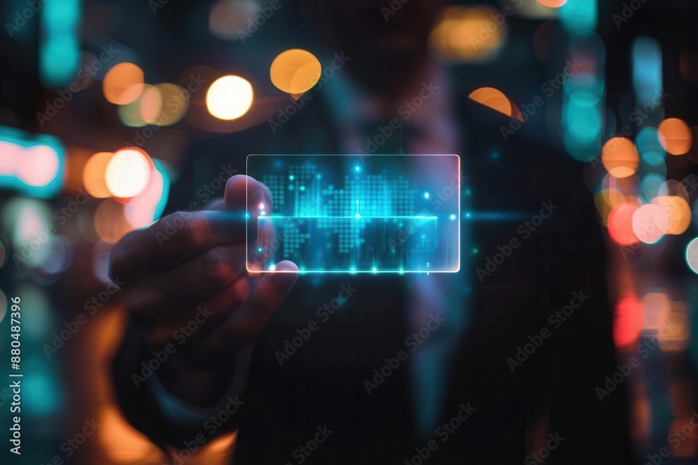 businessman holding a glowing business card that projects a holographic ...