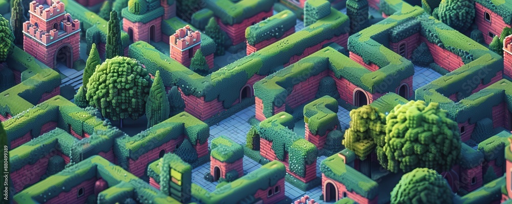 A pixel art rendition of a pixelated maze with winding paths and hidden ...
