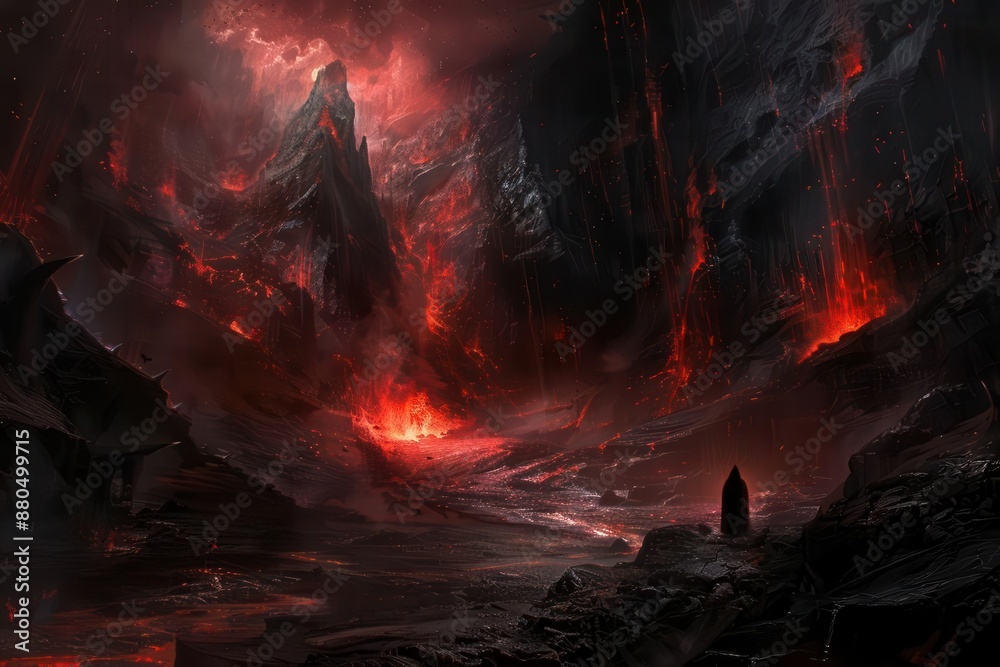 dark brooding landscape of a hellish underworld ruled by a menacing ...