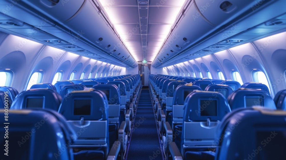 Airplane interior of commercial passenger. Airplane cabin and aisle ...