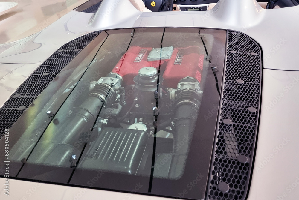 Modena, Italy, May 12, 2024: Luxury Sport Car Engine with Red Manifold ...