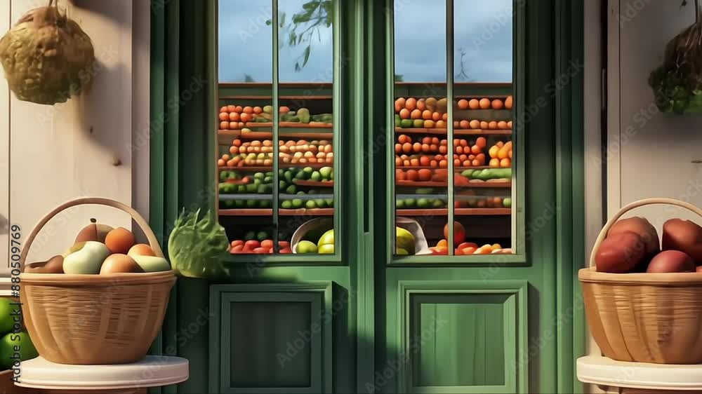 Organic vegetables and fruits shop front view with bio products ...