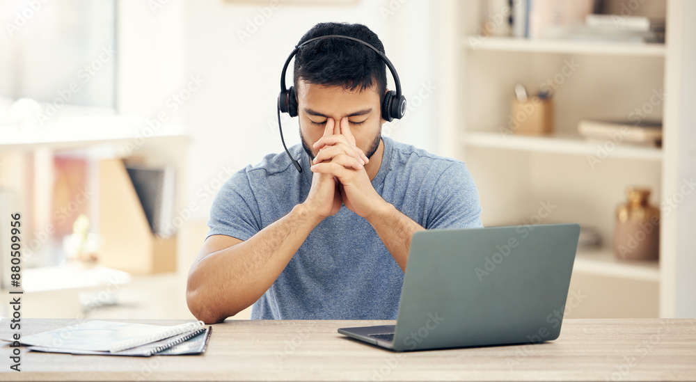 Home office, laptop and man with headset in stress for telemarketing ...
