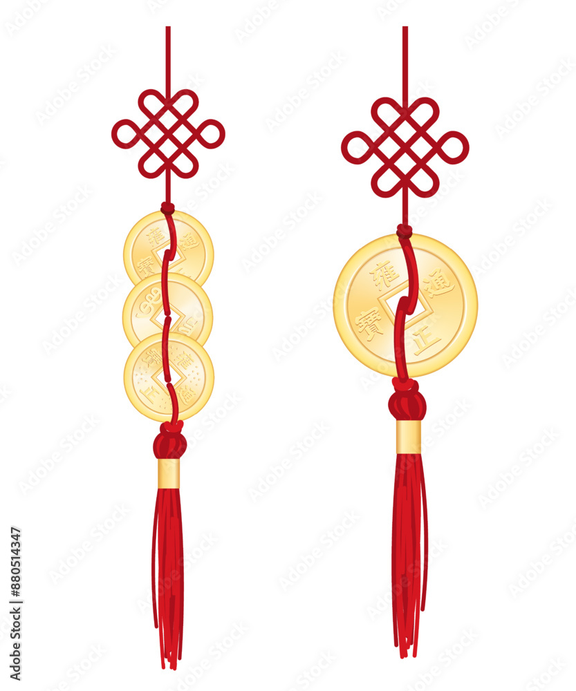 Knitted Chinese good luck coins. A bunch of coins. Symbol of good luck ...