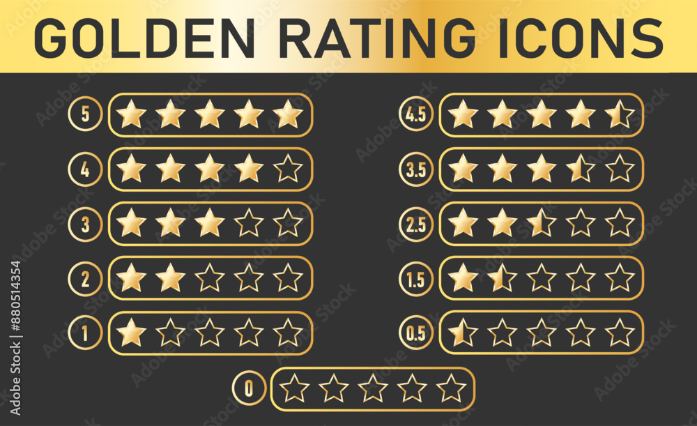 Gold rating icons. transparent through frames on a dark background ...