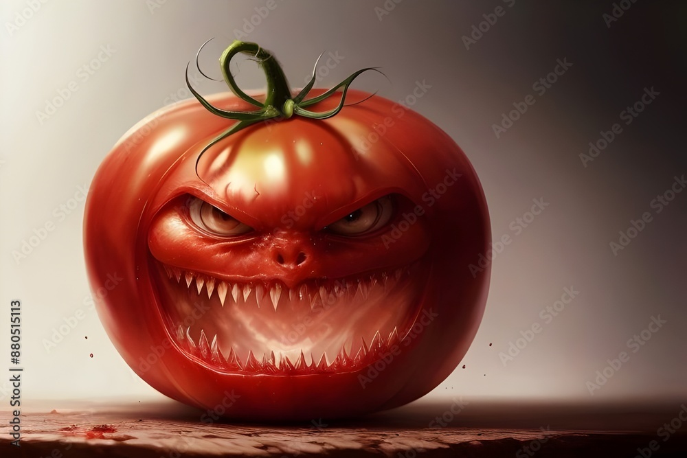 an illustration of a demonically possessed tomato, food, evil, Fiery ...