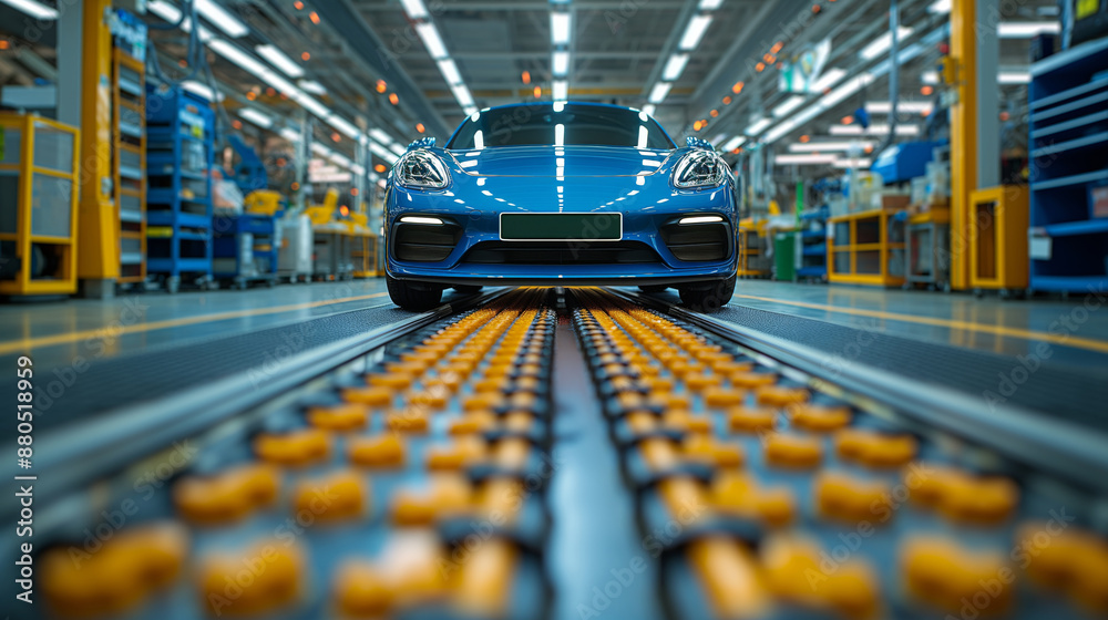 Blue Car on Advanced Production Line. Blue car on an advanced ...