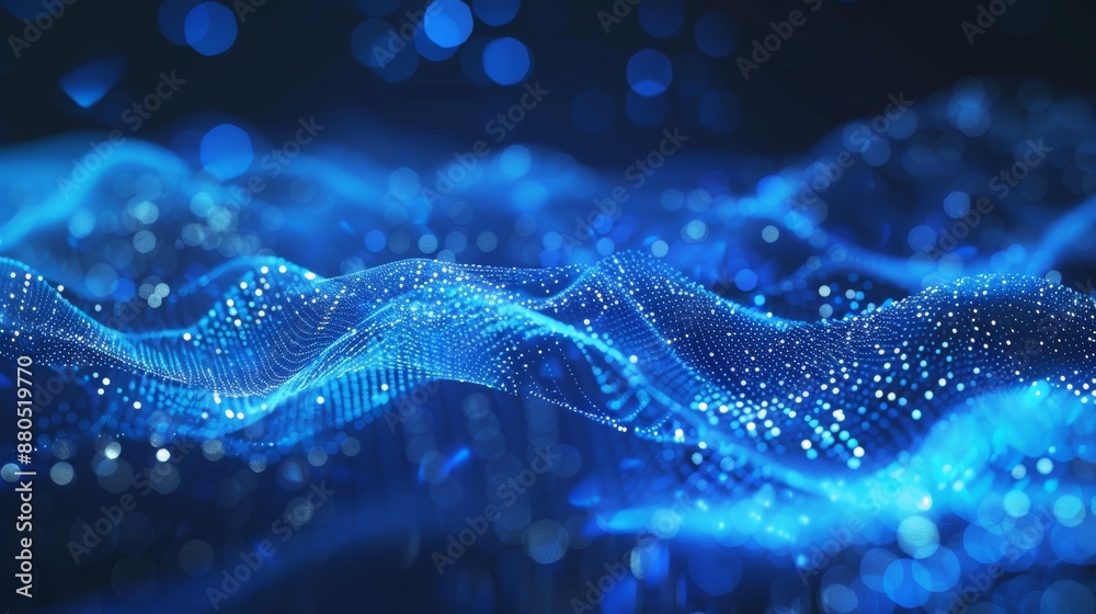 The abstract blue tech background features digital waves, artificial ...