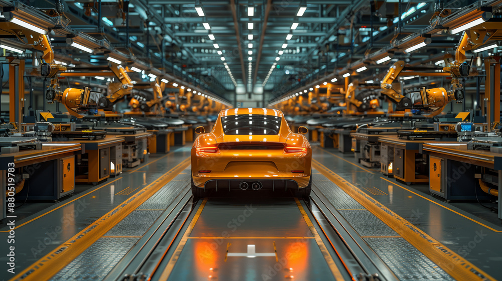 Automated Assembly Line with Orange Car. Automated assembly line with ...