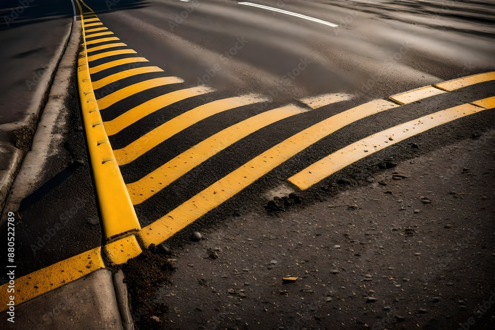 Traffic safety speed bump on an asphalt road in a parking area. Speed ...