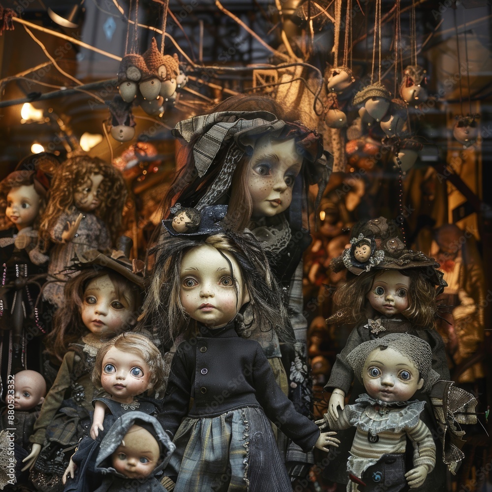lots of dolls in a shop window holding smaller dolls in their arms ...