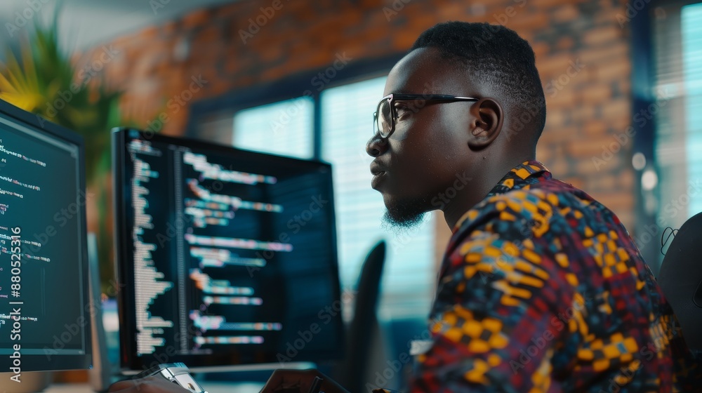 Angry young black programming coder sitting in an office with three ...