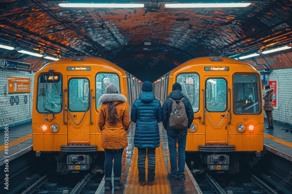 Three individuals stand on a platform, facing two orange trains in a ...