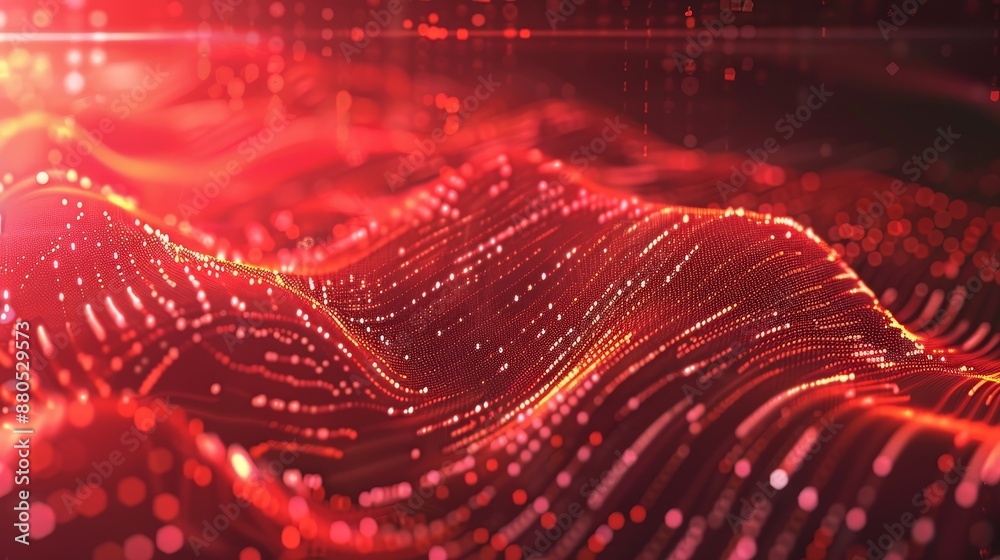 Red tech background with digital waves, Dynamic network system, Artificial neural connections ...