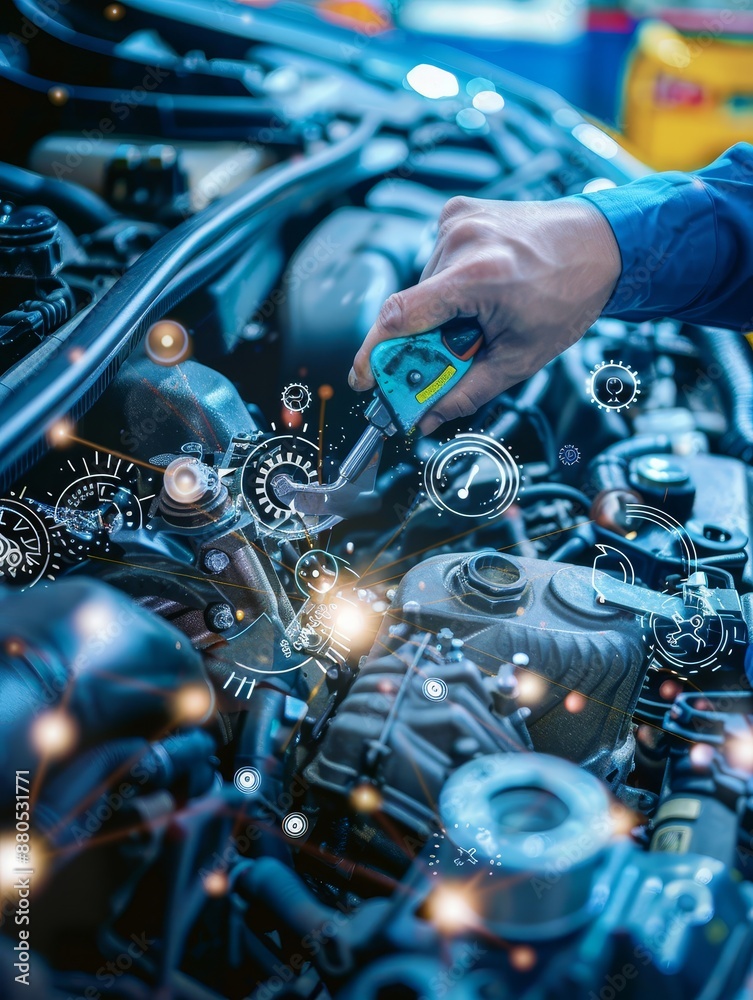 Mechanic Working on Car Engine with Digital Overlays - A mechanic works ...