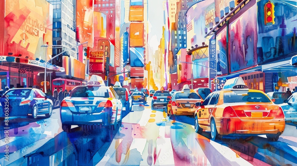 Watercolor Painting of Busy New York City Street - A vibrant watercolor ...