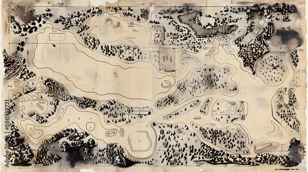 a scan of a hand drawn map of an 18 hole golf course layout. the ink is ...