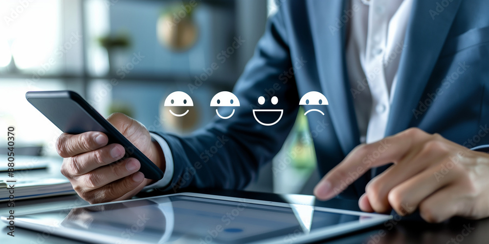 Businessman suit holding iPad, digital touch screen showing happy ...