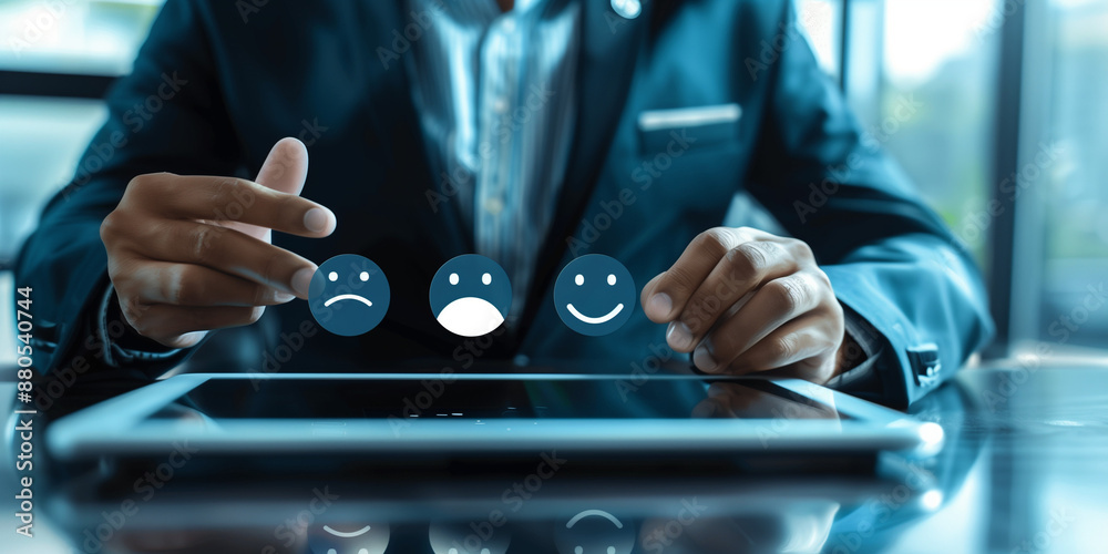 Businessman suit holding iPad, digital touch screen showing happy ...