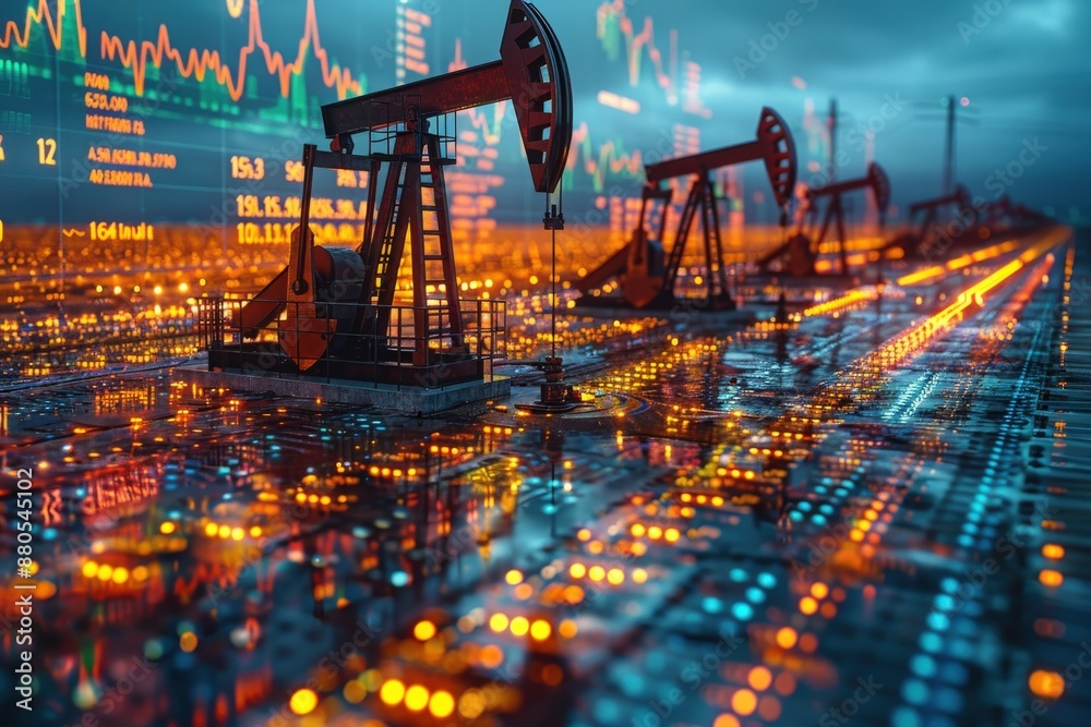 Rows of brightly lit oil rigs are reflected on a shiny surface, with a ...