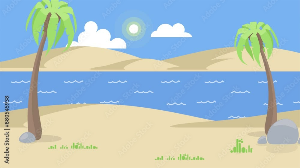 Animated pixel art design of daytime Ground, grass, sky, tree and stars ...