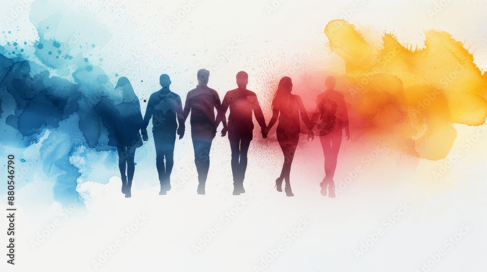 Silhouettes of people holding hands, walking together, against a ...