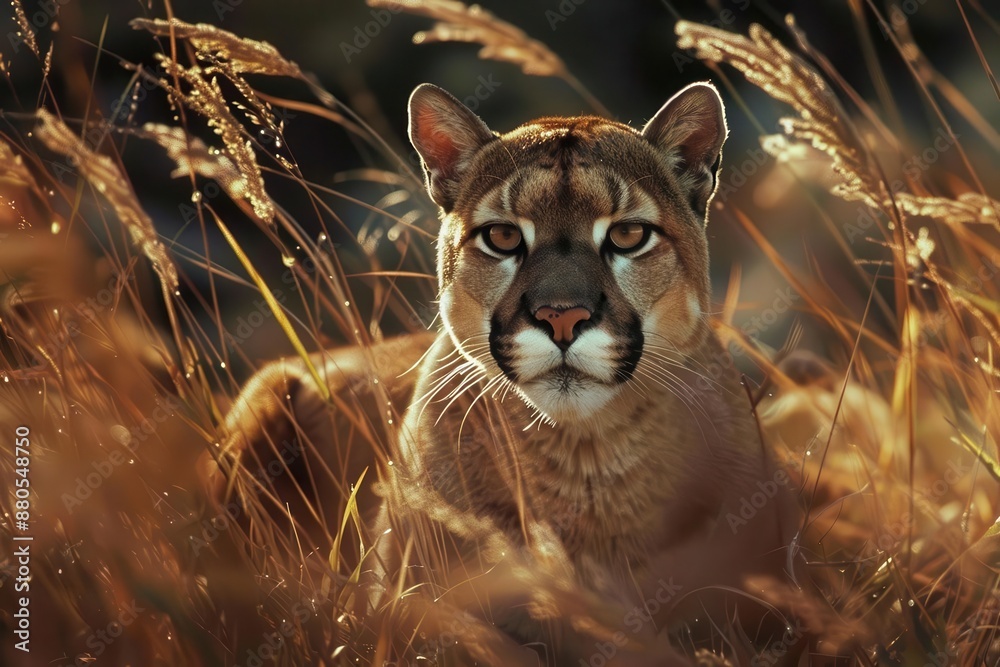 majestic cougar crouching in tall grass low angle perspective intense ...