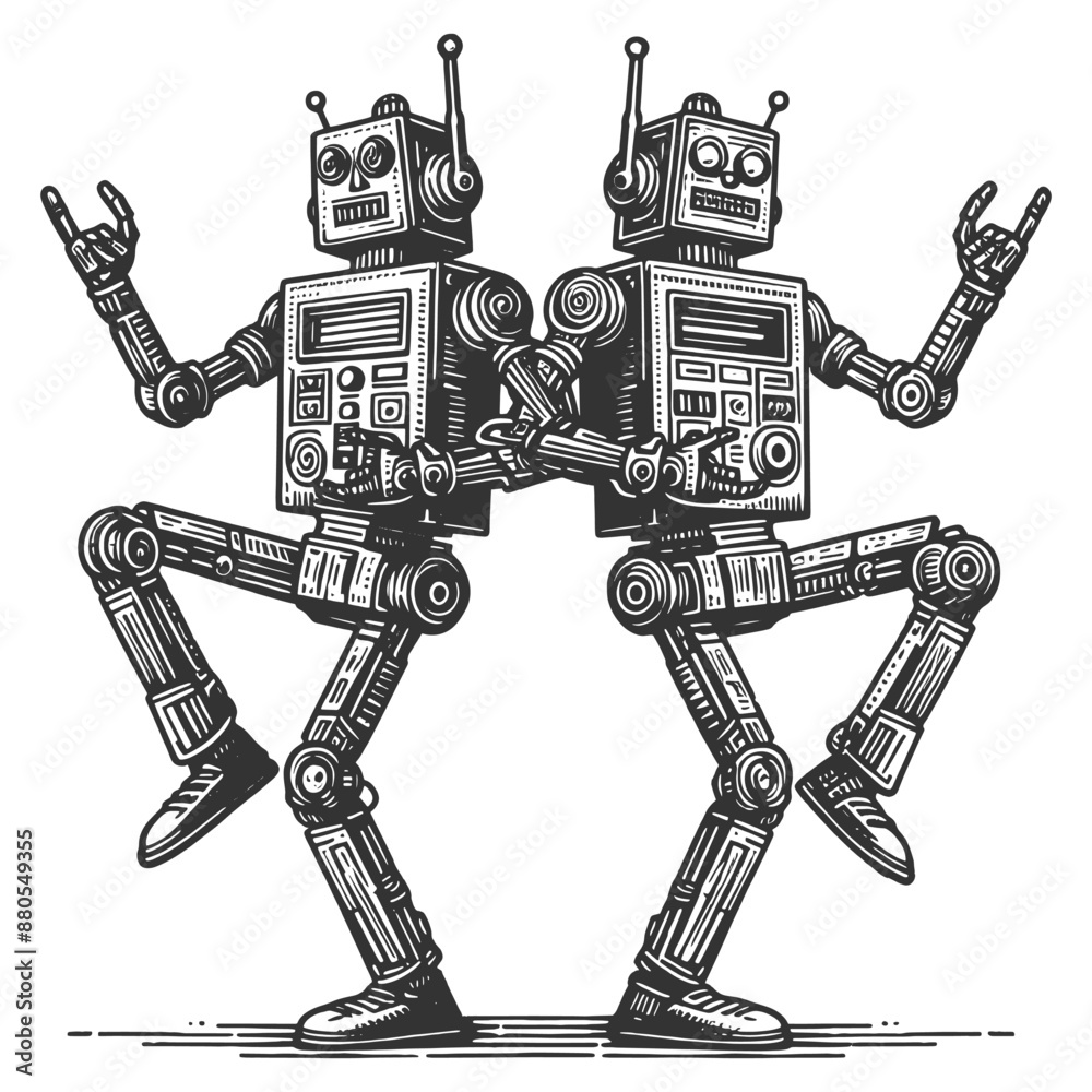 dancing robots with detailed line work, capturing a whimsical and ...