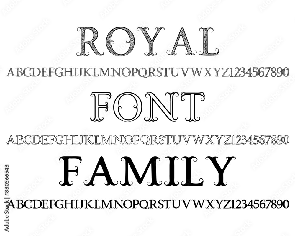 Royal font family. Vintage alphabets and numbers in three similar ...