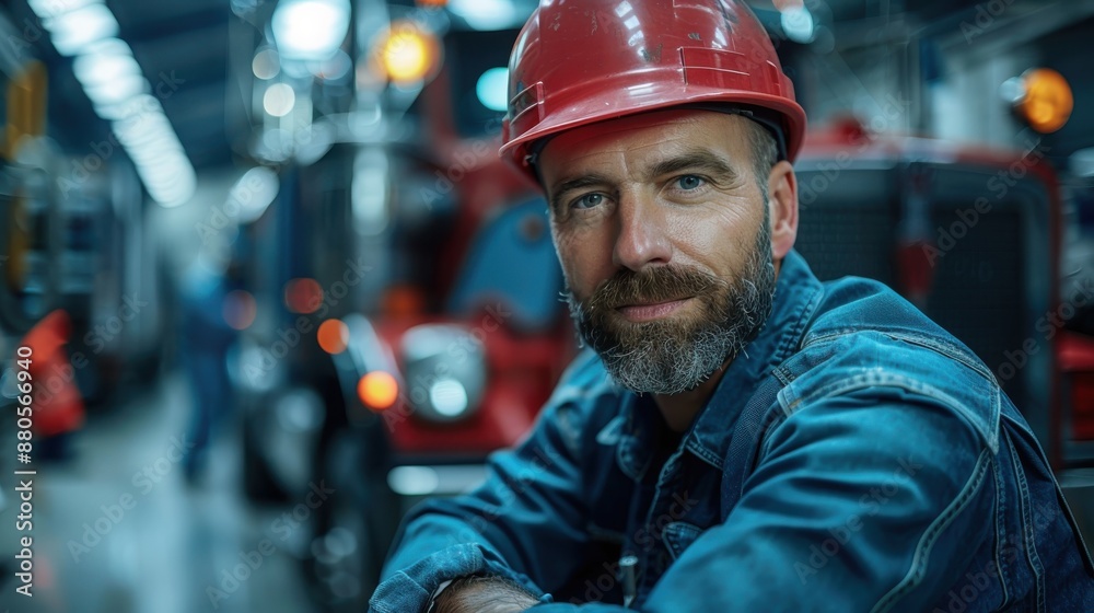A male worker in a red hard hat and denim shirt inside a factory, his ...