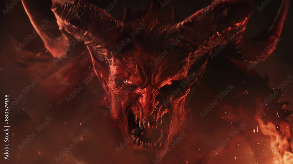 Illustration of a terrifying red devil with horns emerging from fire ...