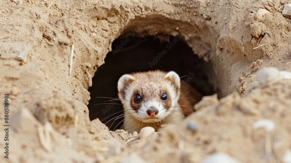Curious long-tailed weasel with brown and white fur emerges from its ...