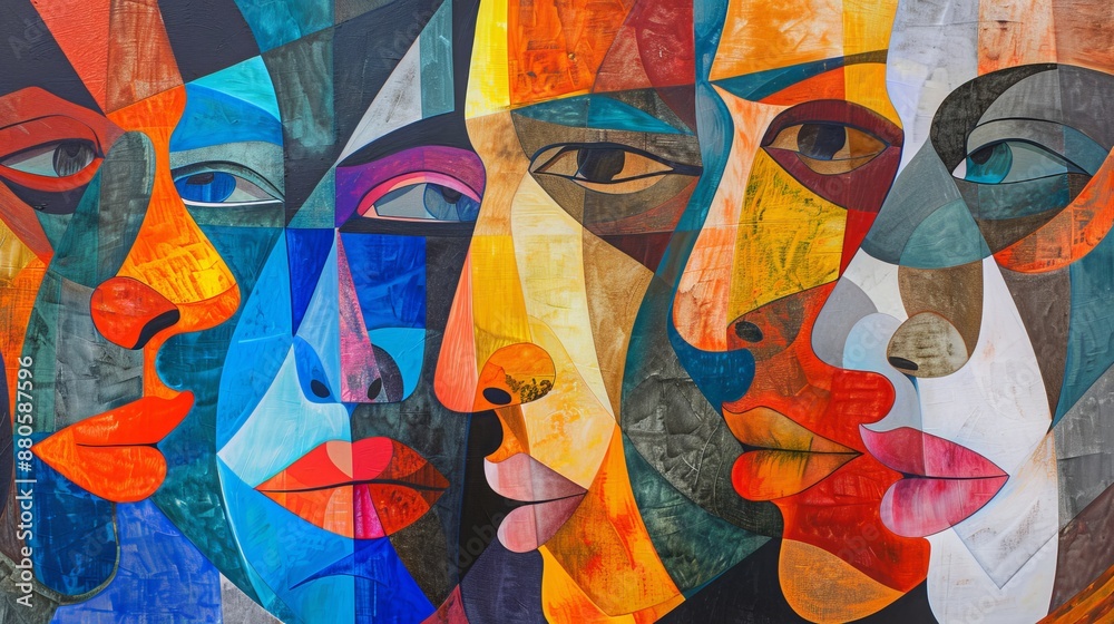 Abstract cubism painting showing a group of people with different skin ...