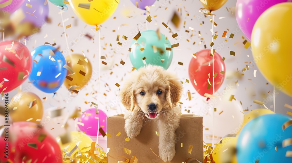 Whimsical Movie Poster Style: Fluffy Puppy Dog Opening a Large Box with ...