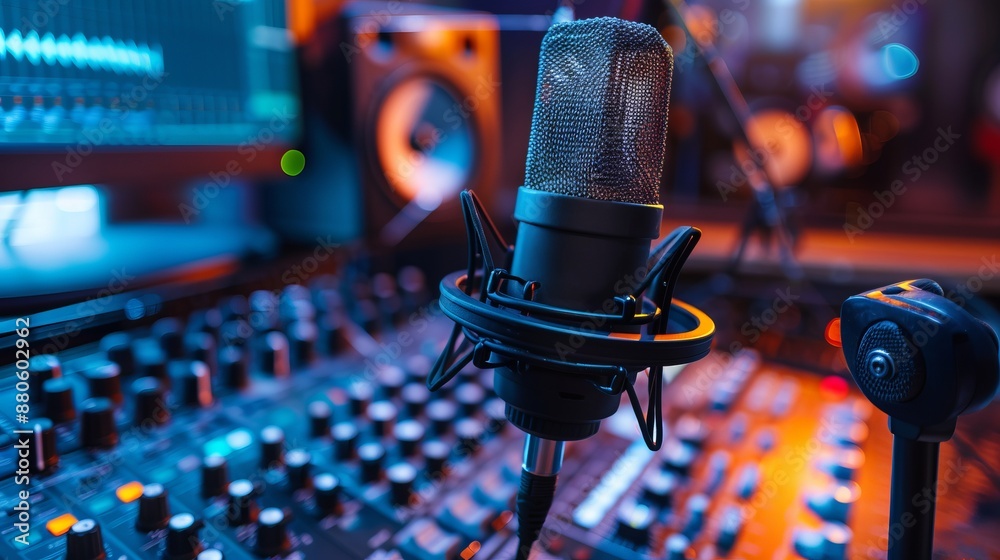 Professional radio station microphone in recording studio or broadcast ...