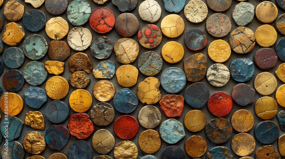 Opulence of Byzantine mosaics, circle tiny metallic tessera, form ...