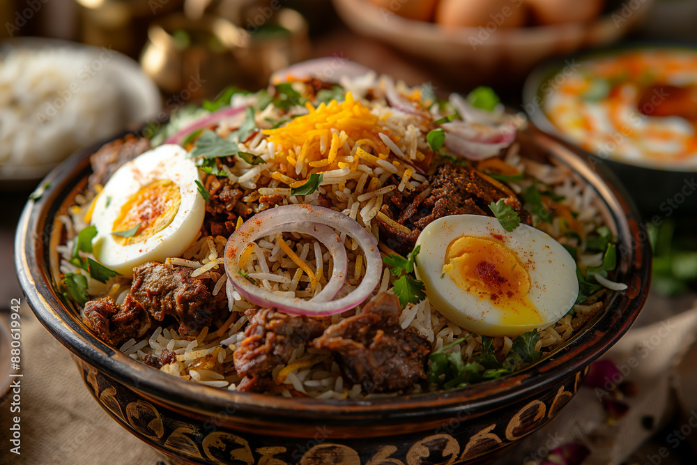 A luxurious plate of Kacchi Biryani, a traditional Bangladeshi delicacy ...