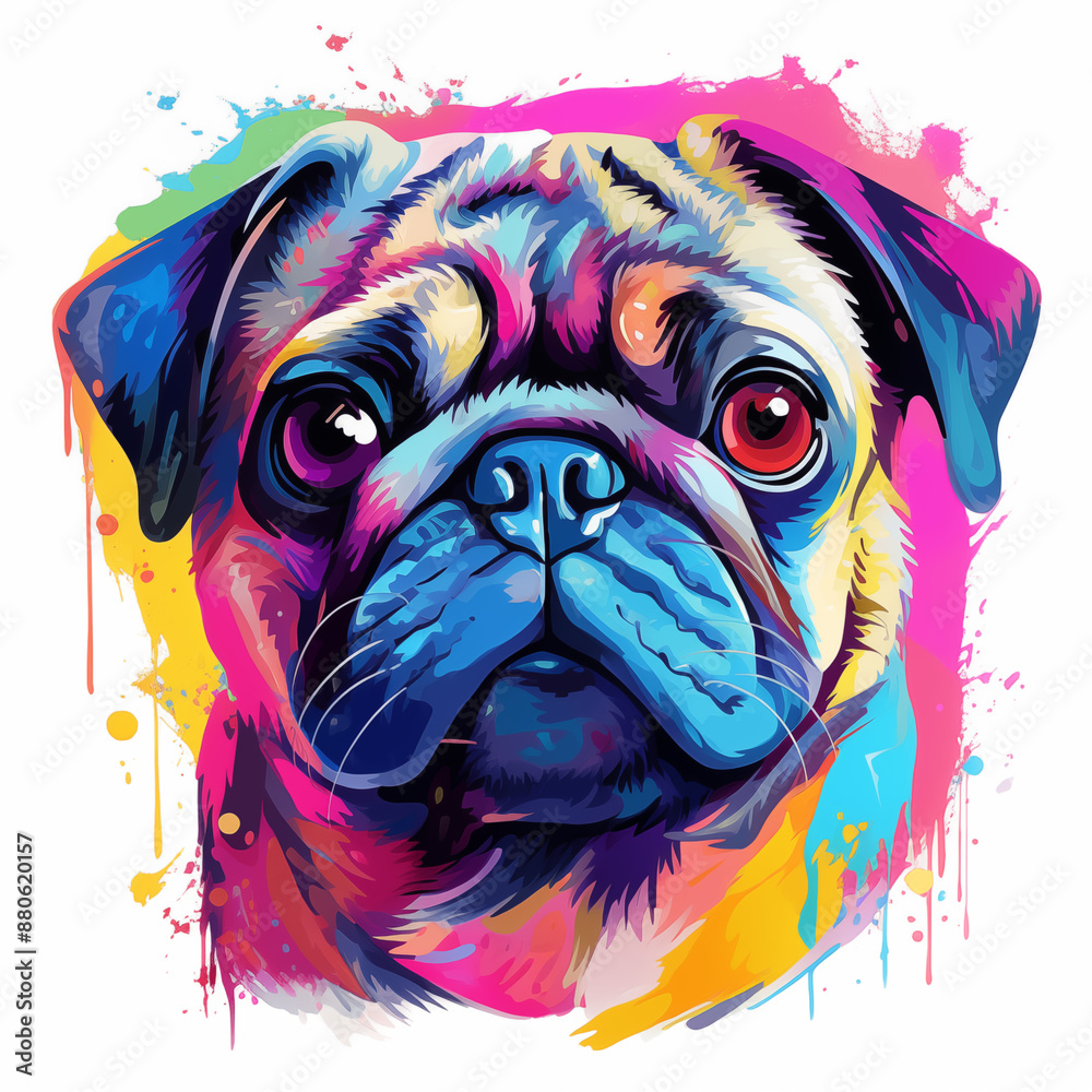 Bright watercolor colorfull pug isolated on white background. Funny dog ...