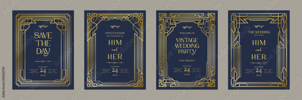 Art deco luxury golden frames set, Art Deco cards set, Vintage gold ...