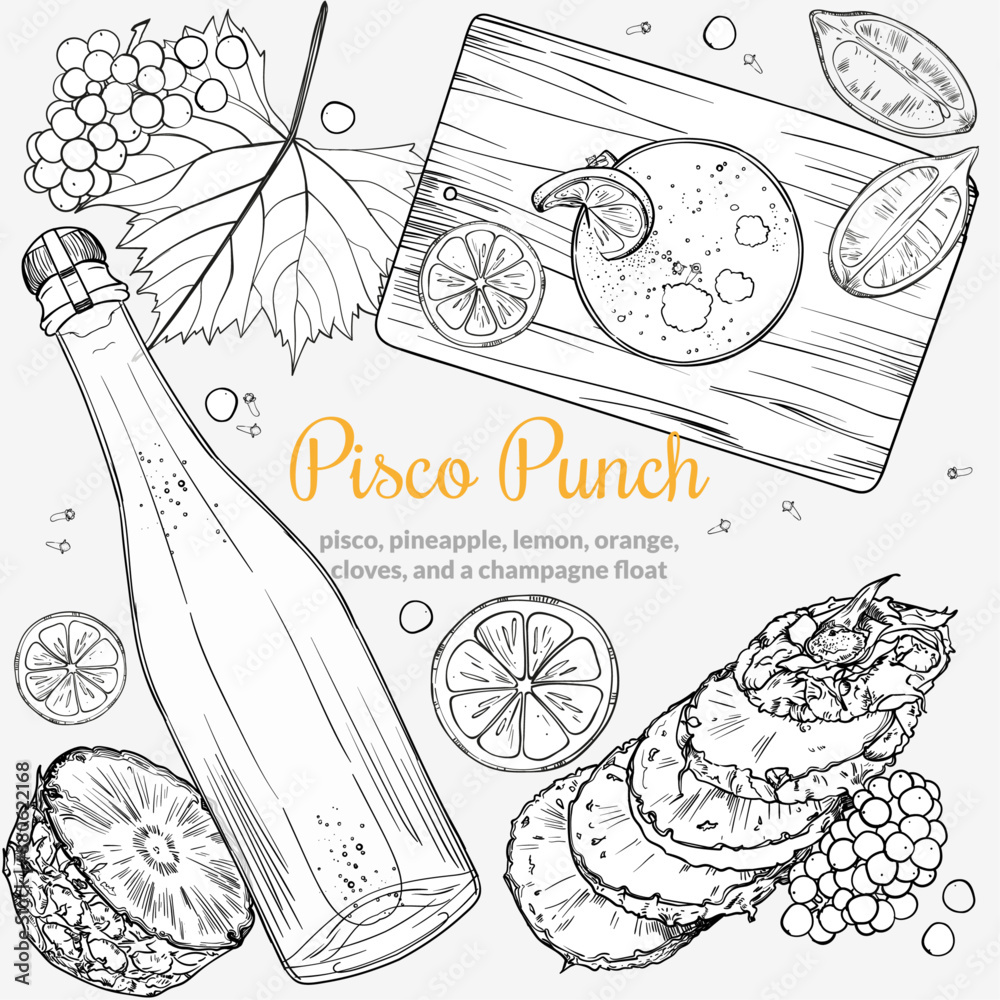 Pisco Punch line art cocktail and ingredients used. Lemon, Pineapple ...