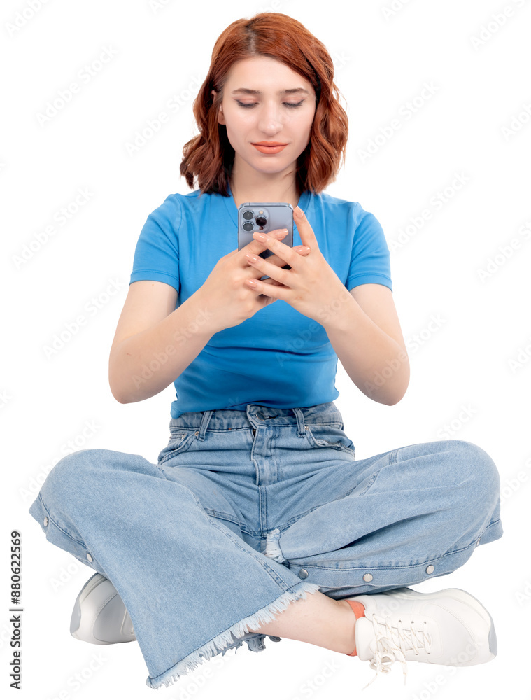 Using mobile phone, full body view smiling happy red bob hair woman ...