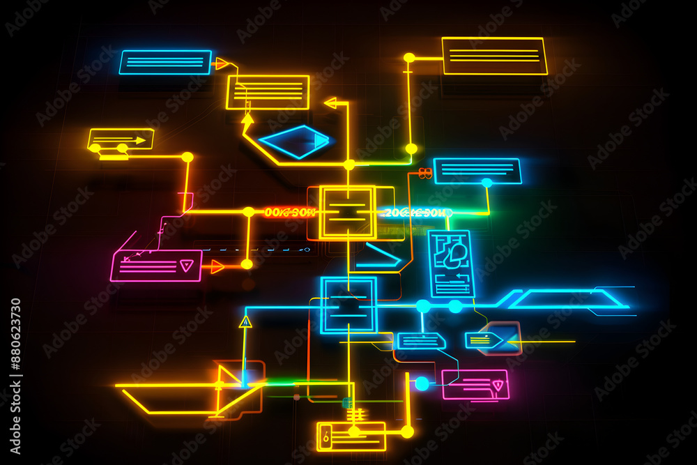 Neon outline of flowchart diagram representing business strategy ...
