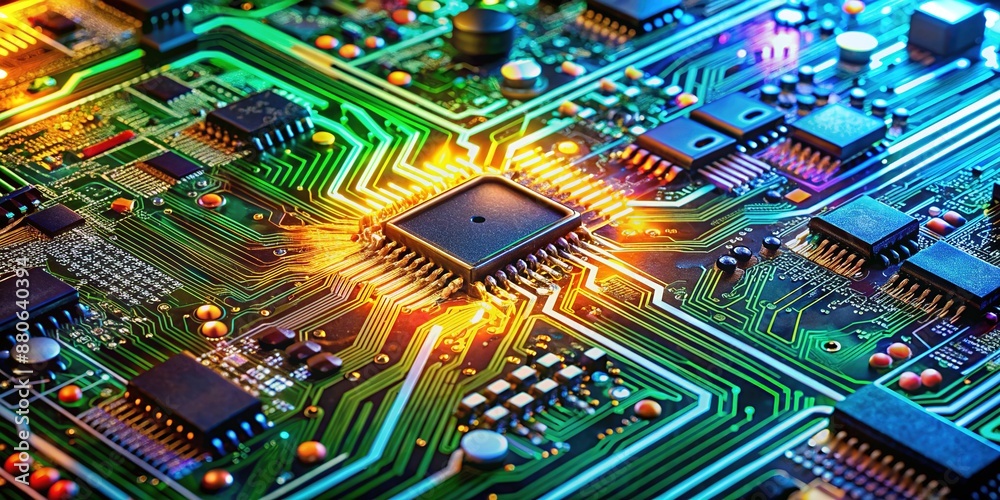 Colorful electronic circuit boards with microchips and wires overlap a ...