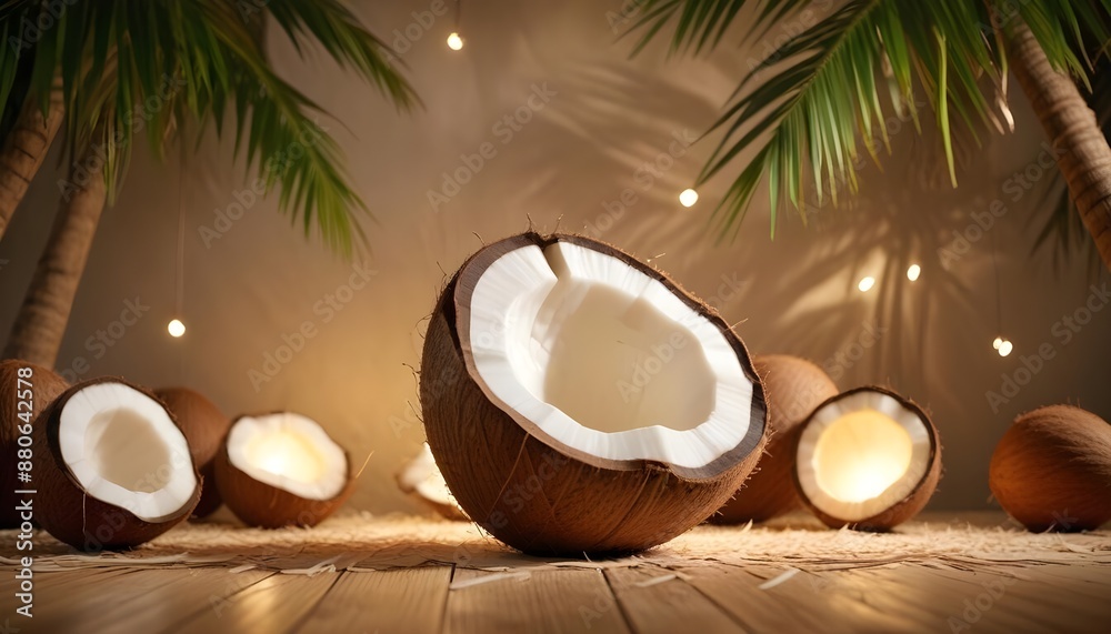 Coconut backdrop, juicy coconuts on a simple background with copy space ...