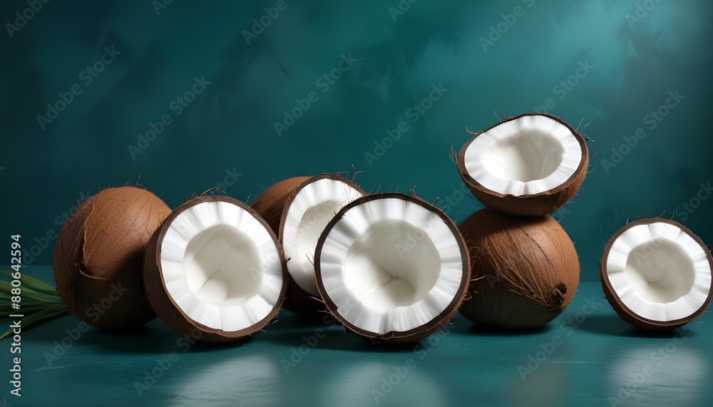 Coconut backdrop, juicy coconuts on a simple background with copy space ...