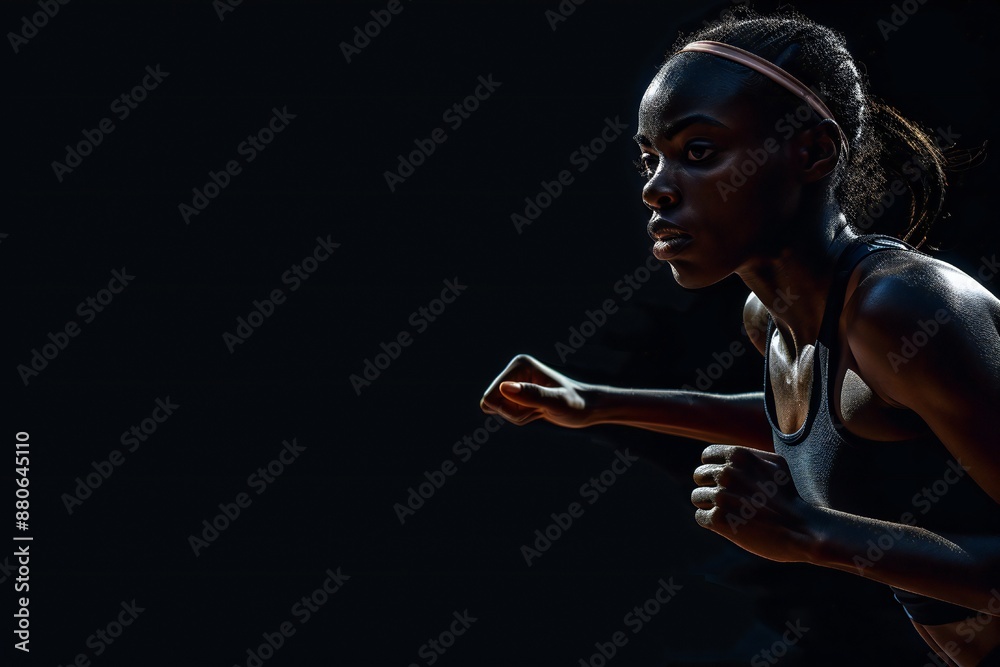 Black woman sprinter taking a star over black background with plenty of ...