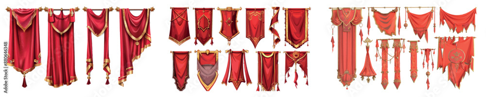 This is a blank vertical medieval flag mockup game design with a red ...
