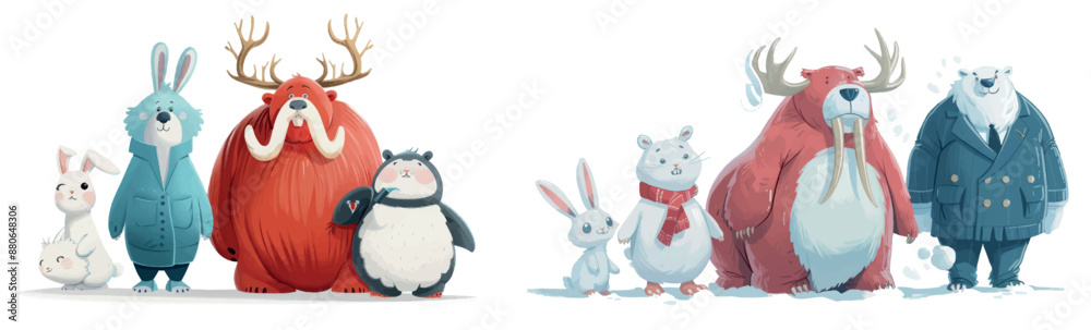 Animals of the polar region set on white background. Penguin, arctic ...