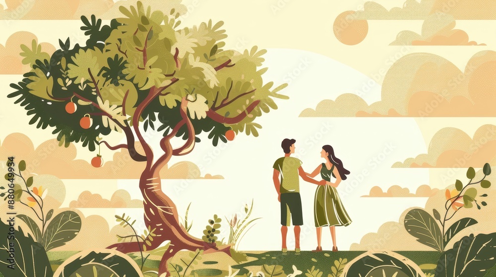 Genesis : Adam and Eve , Biblical Illustration of Adam and Eve by the Tree of Knowledge, Genesis ...